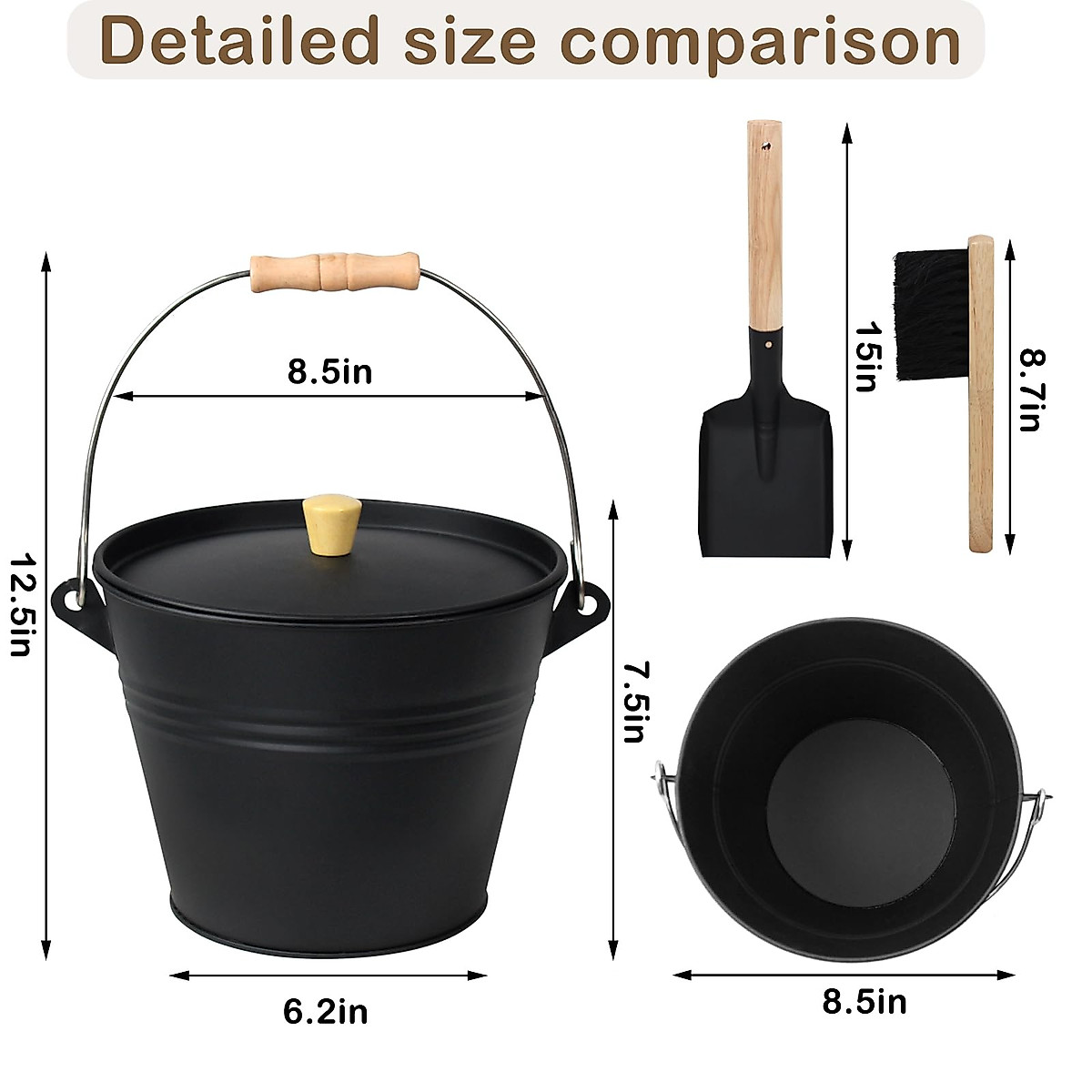 Poofzy Ash Bucket with Lid, 1.3 Gallon Ash Bucket for Fireplace, Metal Fireplace Bucket for Ashes Includes Shovel, Hand Broom and Gloves for Wood Burning Stove, Fire Pit and Grill