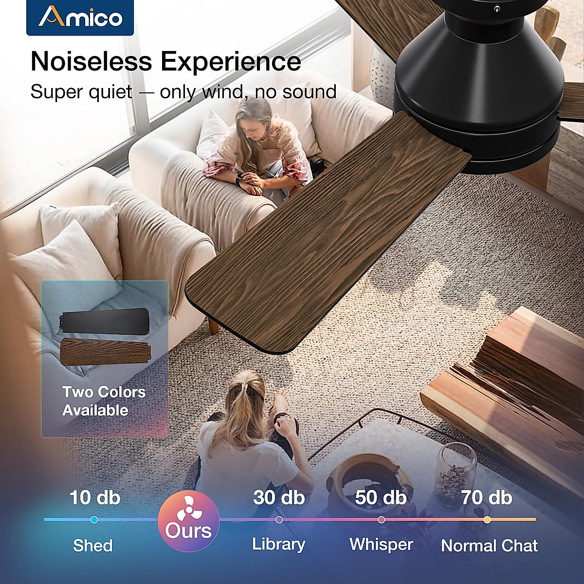 Amico Ceiling Fans with Lights, 42 inch Low Profile Ceiling fan with Light and Remote Control, Flush Mount, Reversible, 3CCT, Dimmable, Noiseless, Black Ceiling Fan for Bedroom, Indoor/Outdoor Use