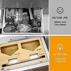 SHANGYIREN 3 in 1 Foil and Plastic Wrap Organizer with Sandwich Bag Plastic Wrap Dispenser with Cutter Ziplock Bag Organizer Kitchen Organization and Storage Bamboo Aluminum Foil Dispenser