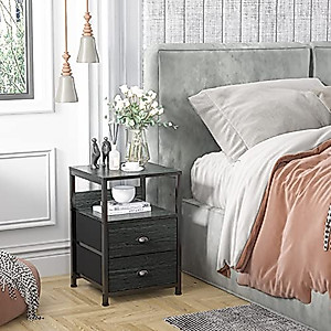 Furologee Nightstand with 2 Fabric Drawers, End Table with Storage Shelf, Industrial Bedside Table, Small Dresser Organizer Furniture Metal Frame for Living Room/Bedroom/Dorm/Hallway, Black Oak