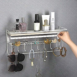 JackCubeDesign Hanging Jewelry Organizer with 9 Hooks, Wall Mount Necklace Earring Bracelet Sunglass Holder with Wood Shelf (White Metal) - MK237D