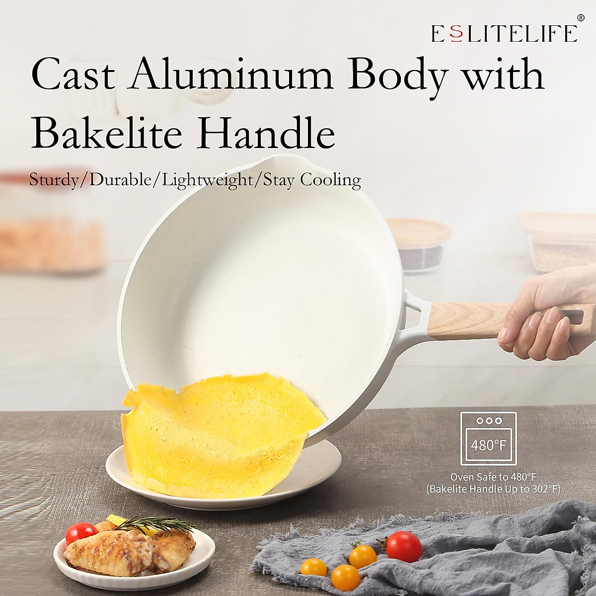 ESLITE LIFE Nonstick Frying Pan Skillet with Lid, Healthy Granite Coating Egg Omelette Pan Stone Cookware Chef's Pan, PFOA Free(Cream, 8" w/Lid & Spatulas)