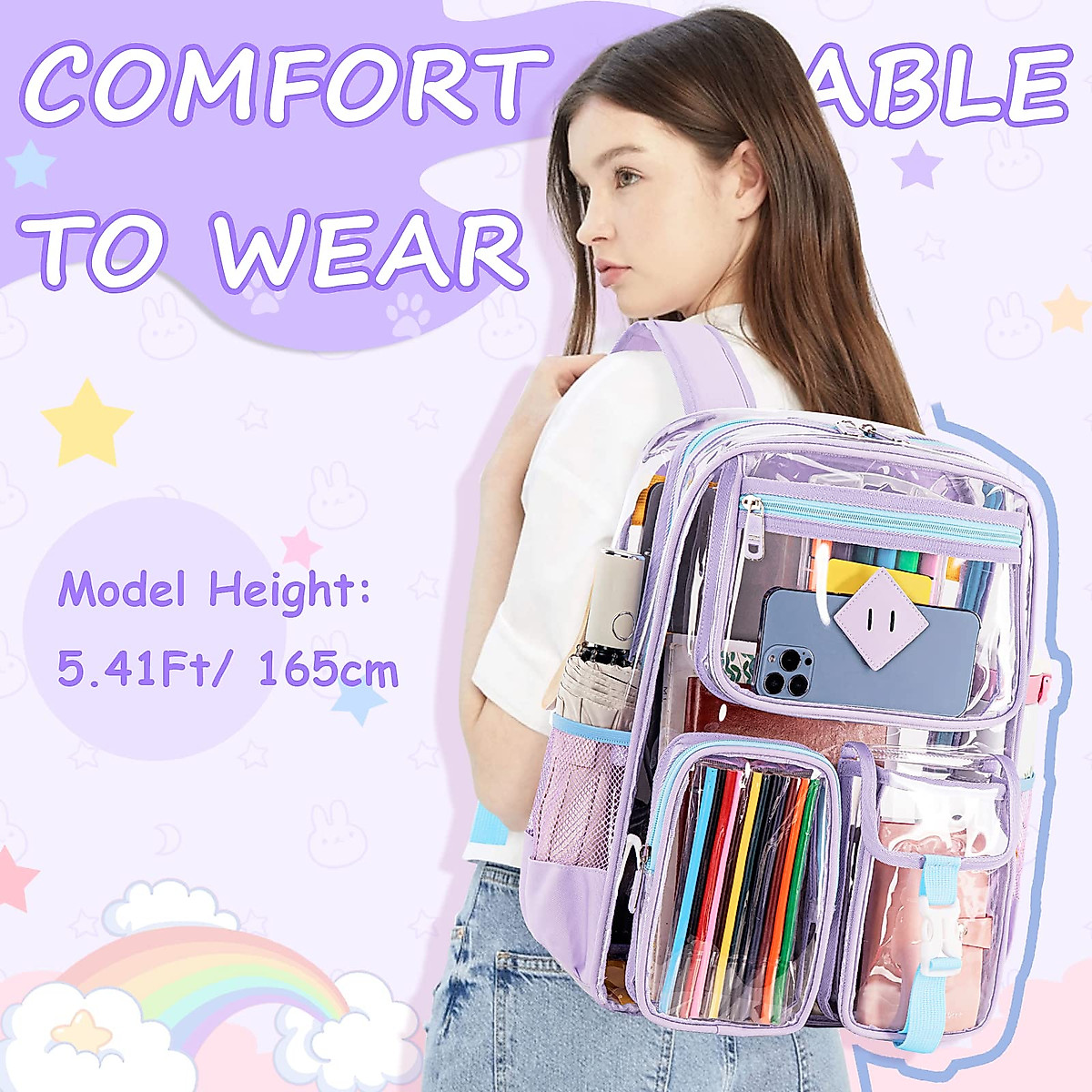 PIG PIG GIRL Clear Backpack for School,Heavy Duty PVC Transparent Bookbag for Girls Stadium Approved See Through Backpack for Women for College Work Travel Festival,Purple and Blue