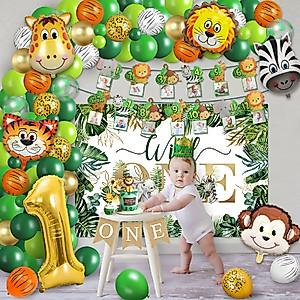 Wild One Birthday Decorations for Boys, Safari First Birthday Decorations, include Backdrop, Tablecloth, Balloon Arch, Highchair Banner, Monthly Photo Banners, Crown, Jungle Animals Foil Balloons