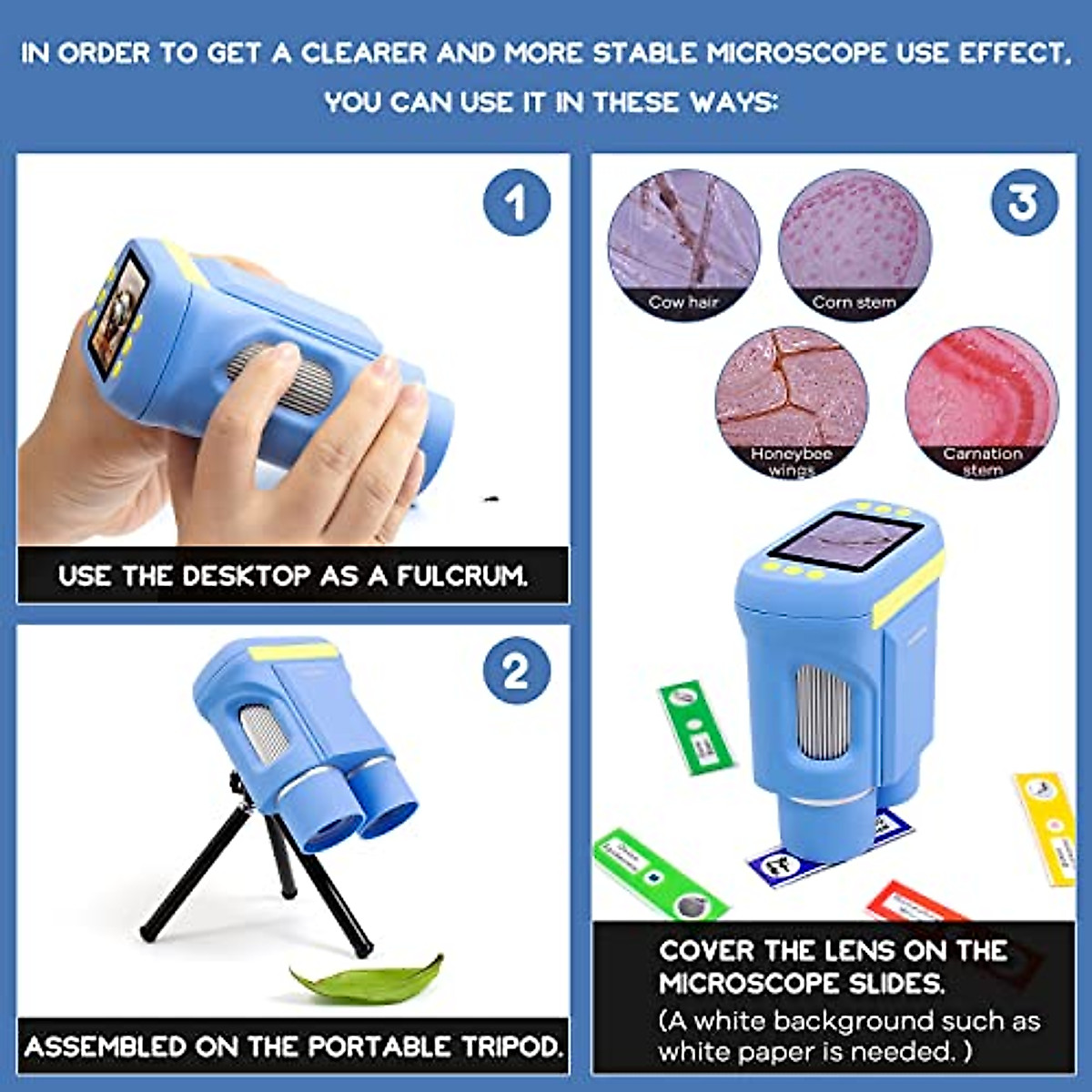 Andonstar AD122 Kids Microscope&Telescope Double Lens, Portable Handheld Microscope Binoculars, Digital Camera&Video Microscope Kit for Kids, 2" LCD Blue, Windows/Mac Compatible, SD Card Included