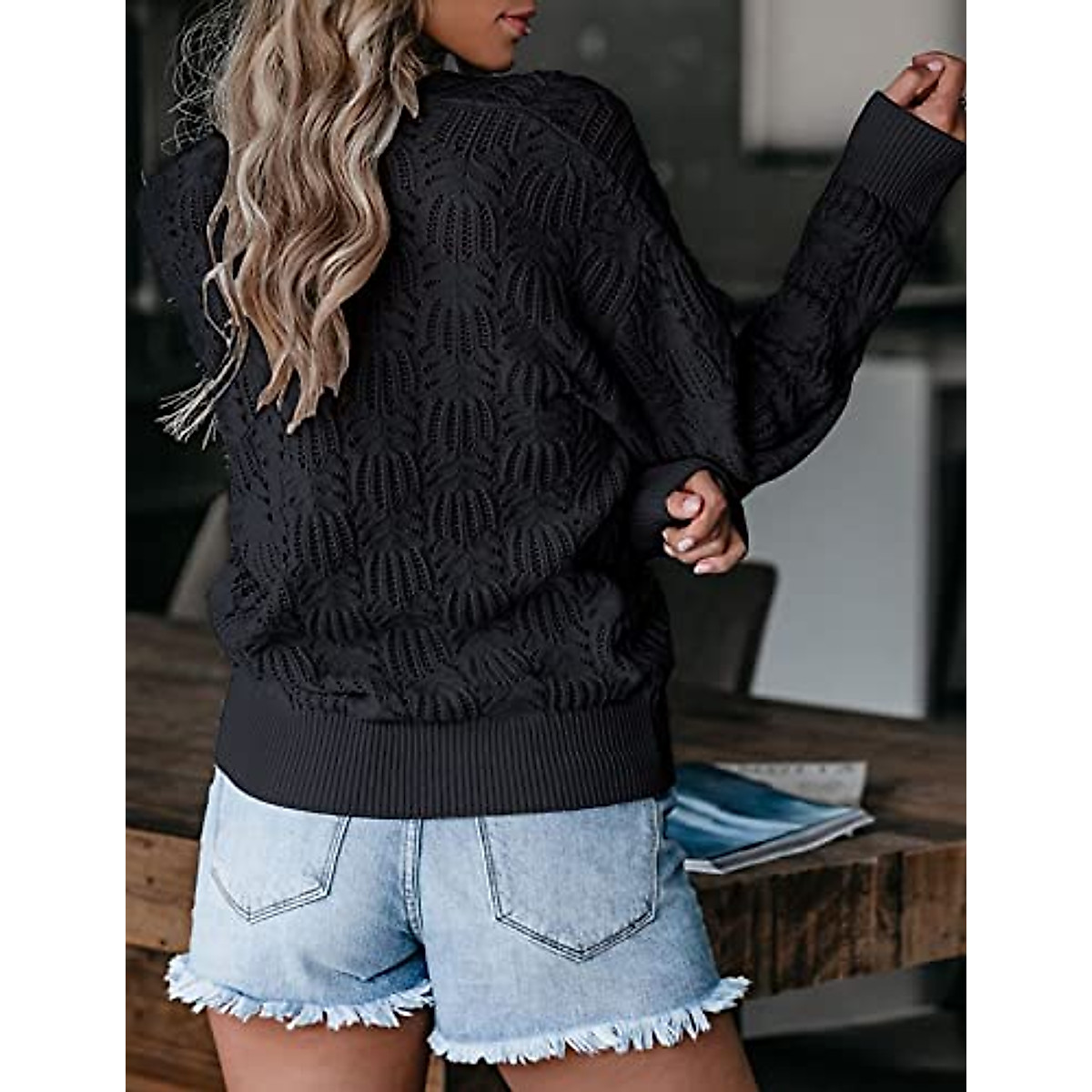 MEROKEETY Womens Deep V Neck Wrap Sweaters Long Sleeve Crochet Knit Pullover Tops, Black, Large