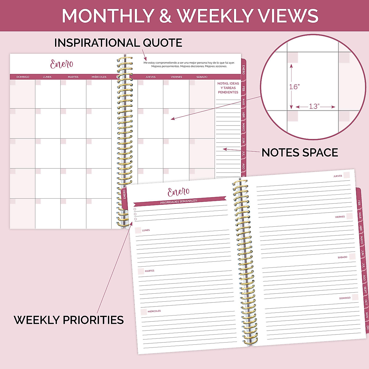 bloom daily planners UNDATED Spanish Calendar Year Day Planner - Passion/Goal Organizer - Monthly/Weekly Agenda Book with Tabs (January to December) - 6" x 8.25" - Folky Floral