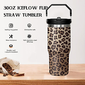 qwpmvhsak 30 oz Tumbler With Handle,Leopard Print Skinny Vacuum Insulated Tumbler With Flip Straw,Cute Cheetah Print Cups Water Bottle CoffeeTravel Tumbler, Leopard Decor/Accessories for Women