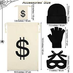 SOMSOC Adult Halloween Robber Costume Set Include Short Sleeves Stripe T-shirt Beanie Cap Dollar Sign Money Bag Eye Mask Half-finger Gloves for Halloween Cosplay Pirate Burglar Theme Party, Small