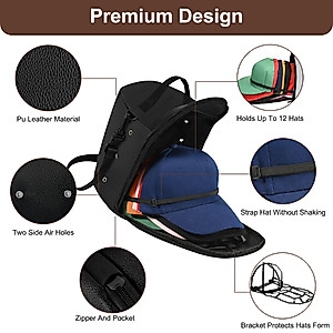 NAZZO Hat Case for Baseball Cap, Hat Carrier Storage Bag for 12 Baseball Caps, Leather Soft Case Built-in Holder with Adjustable Shoulder Strap for Travel and Home Storage, Black, Registered Patent
