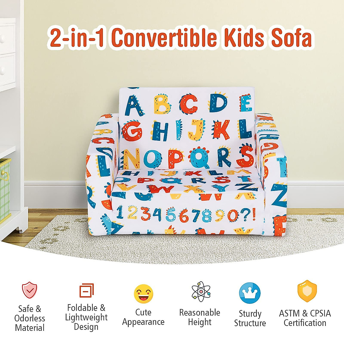 Costzon Kids Couch, 2 in 1 Flip Open Children's Sofa w/Velvet Fabric, Storage Pockets, Toddler Armrest Chair Bed for Nap Play Sleep, Ideal Gift for 0-4 Years Old Baby Boys Girls, Alphabet