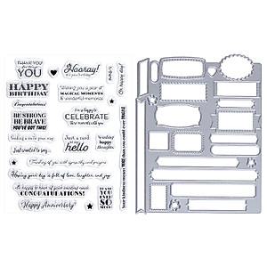 Sucrain 2pcs Metal Dies Cut and Clear Silicone Stamp, for Card Making Paper Craft Scrapbooking Album DIY, Sentiment Words Stencils Carbon Steel Embossing Template