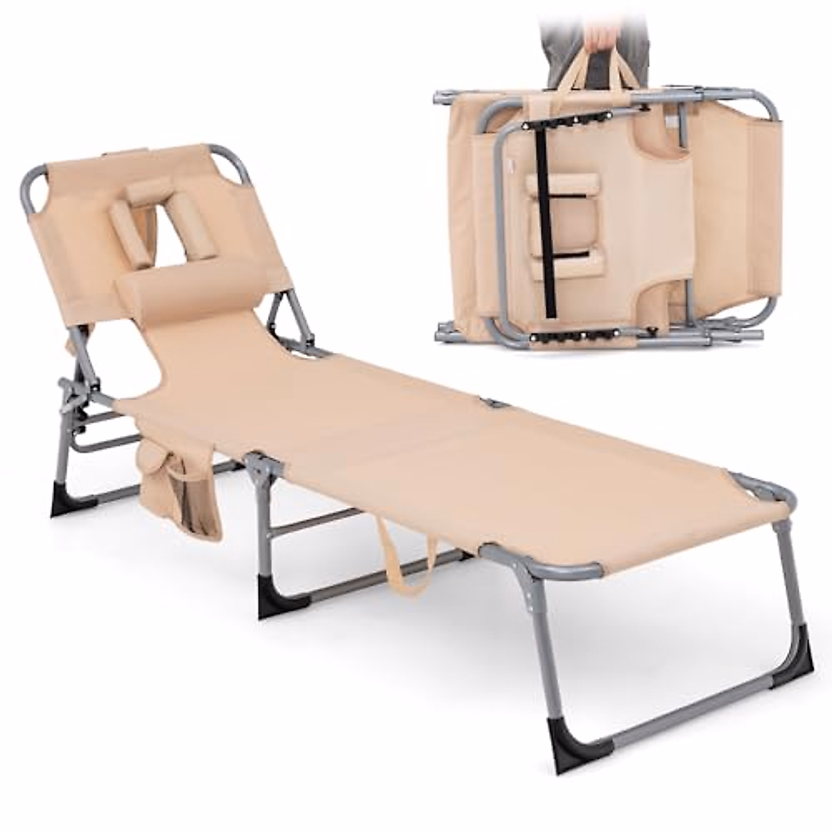 Goplus Tanning Chair, Folding Adjustable Patio Lounge Chair with Face Hole, Removable Pillow, 330LBS, Carry Strap, Outdoor Sunbathing Chair, Lightweight Portable Beach Lounge Chair (1, Beige)