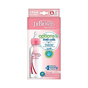 Dr. Brown's Natural Flow Anti-Colic Options+ Narrow Baby Bottles, 8oz/250mL, with Level 1 Slow Flow Nipples, 2-Pack, Pink, 0m+