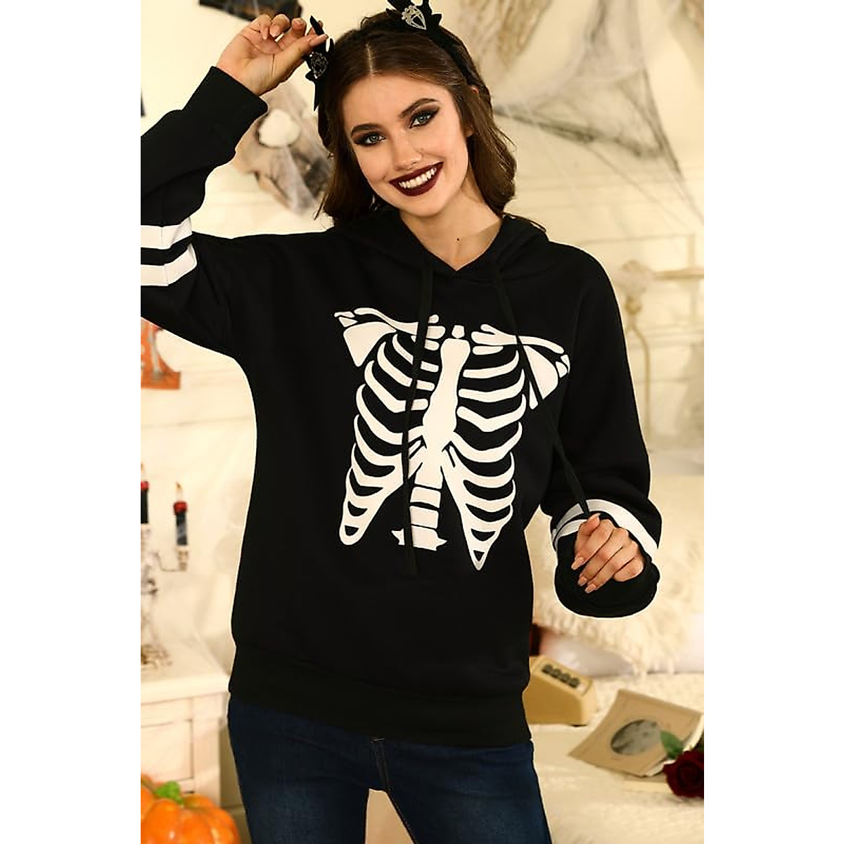 Women Halloween Spooky Graphic Print Pullover Sweatshirts Funny Long Sleeves Hoodie Skeleton S