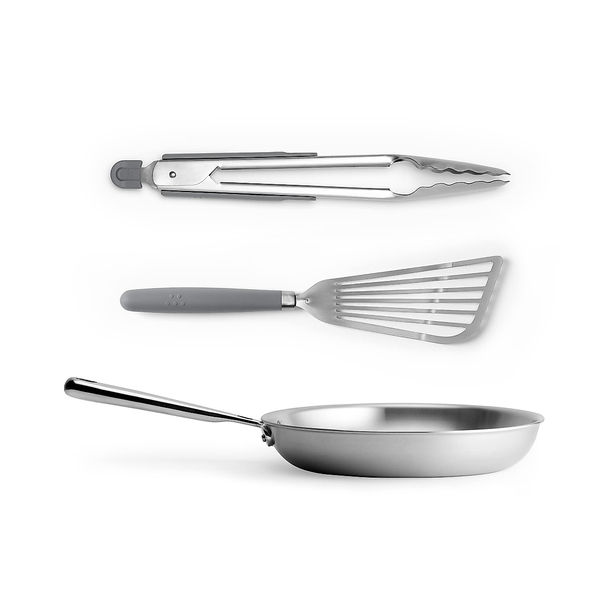 Misen Stainless Cookware Bundle - 10" 5-ply Pan, Fish Spatula, Stainless Steel Tongs - Heat Retention - Stay-Cool Handle - Kitchen Tongs with Silicone Tips - Ergonomic Design - Versatile Set - Gray