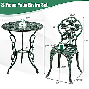 HAPPYGRILL 3-Piece Outdoor Bistro Set Rust-Resistant Cast Aluminum Table and Chairs with Elegant Rose Pattern, Outdoor Furniture Set with 1.9” Umbrella Hole for Balcony Backyard Garden Deck