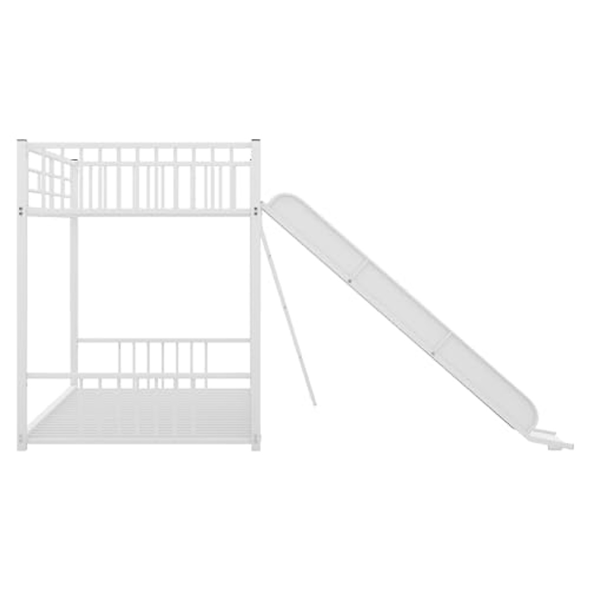BOVZA Twin Over Twin Low Bunk Bed with Slide, Metal Bunk Bed Frame with Metal Slats Support and Guardrails for Kids Boys Girls Teens, No Box Spring Needed, White