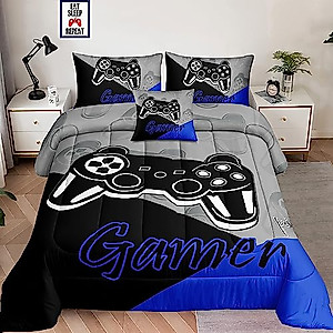 5 Pieces Bed in a Bag for Gaming Bedding Set,Boys Gamer Comforter Set with Flat Sheet,Fitted Sheet,Pillowcases,Cushion Cover,Game Console Pattern Bed Set for Kids Boys Room Decor