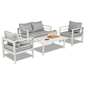 Outvita Outdoor Patio Furniture Set, 4 Pieces Aluminum Patio Conversation Sets, Modern Patio Sofa Loveseat Set with Coffee Table and 5 Inch Cushion for Patio Balcony Yard (White, 4pcs Set)