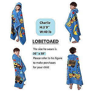 LOBETOAED Kids Hooded Beach Bath Towel,Baby Surf Poncho Toddlers Soft Real Cotton Wrap Changing Robe for Boy Girl Shower/Beach/Pool Child Cover ups 50"x30" Large Towel Wrap,Engineering Vehicle Pattern