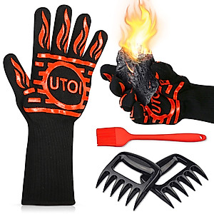 UTOI BBQ Grill Accessories Kit, 1472°F Heat Resistant BBQ Gloves Oven Mitts & Meat Shredder Claws & Silicone Sauce Basting Brush for Safe Grilling, Baking, Barbecue, Smoker & Outdoor Cooking