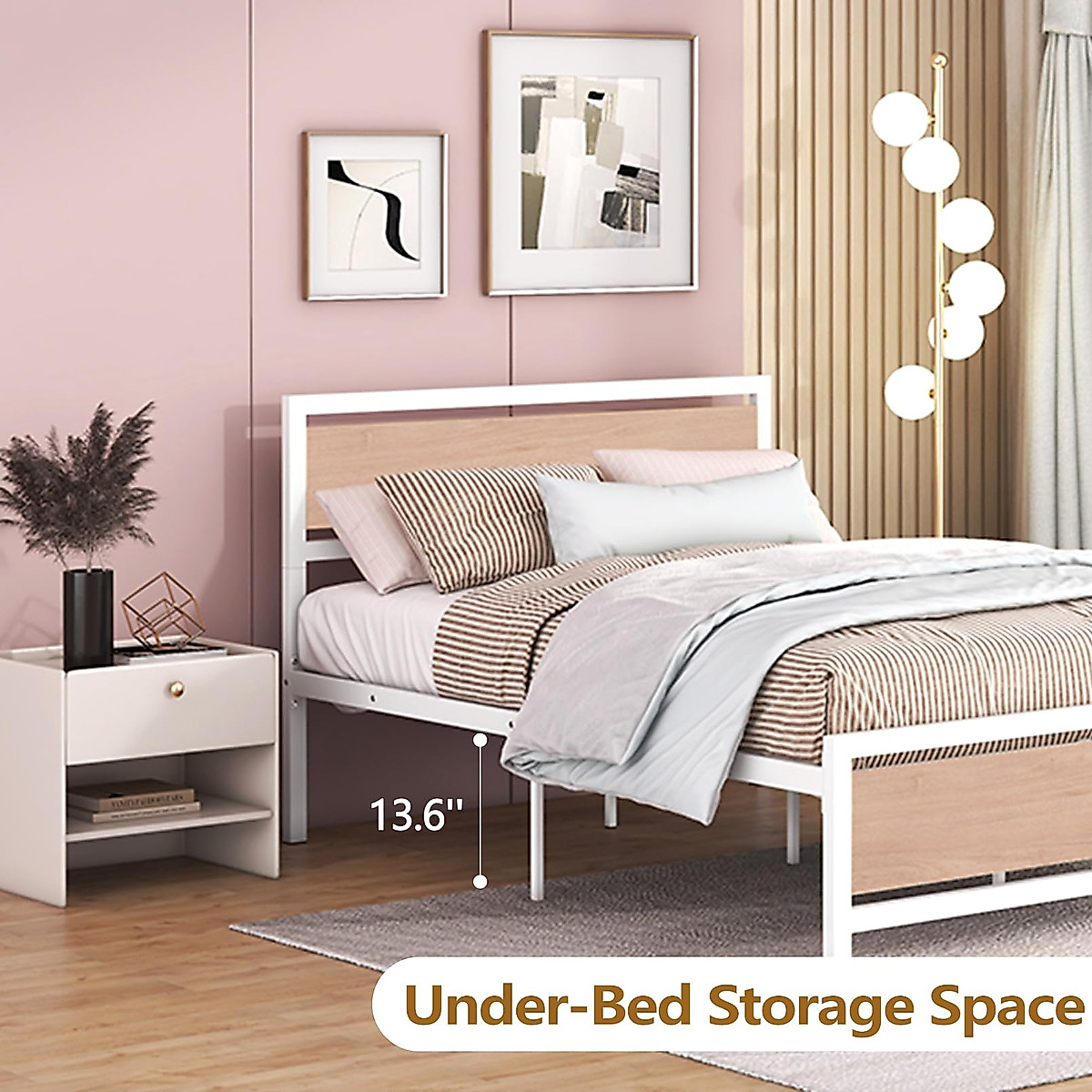 Full Size Platform Bed Frame with Solid Wooden Headboard & Footboard, Metal Slats Support, Ample Under Bed Storage for Bedroom Apartment Boy Girl, No Box Spring Needed/Easy Assembly/No Noise, White