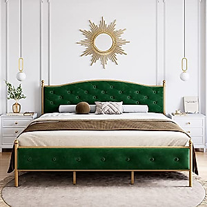Senfot Queen Size Bed Frame Upholstered Platform Bed with Velvet and Button Tufted Headboard, Heavy Duty Metal Mattress Foundation and Wood Slats No Box Needed for Bedroom in Gold and Green