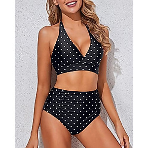 Tempt Me Women Black Polka Dot Two Piece High Waisted Bikini Set Swimsuits Push Up Halter Tummy Control Bottoms Bathing Suits L