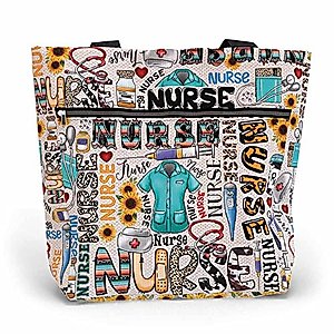 84hoods Large Waterproof Tote Bag Gift for Nurse with Pockets and Zipper for Work. Cute Graphic Shoulder Bag for Women and Girls. Aesthetic 15 inch Grocery Bag Colorful Typography.
