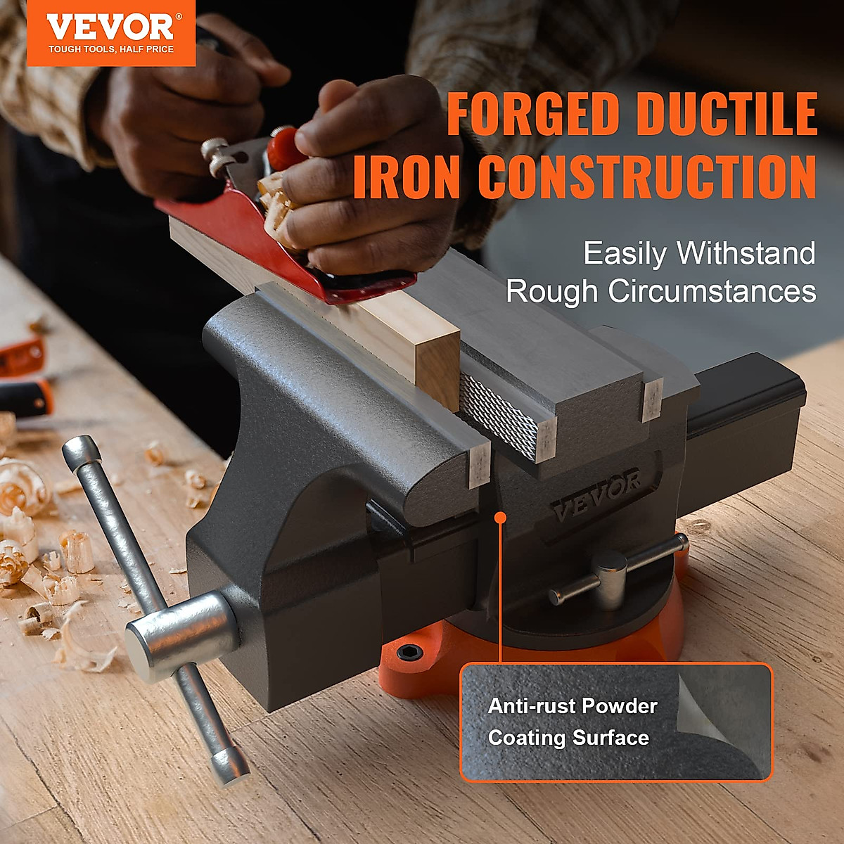 VEVOR Bench Vise, 6.5" Jaw Width 6.5" Forward &9.3" Reverse Opening, 360-Degree Swivel Locking Base Multipurpose Workbench w/Anvil, Heavy Duty Ductile Iron w/Bolts & Nuts, for Drilling, Pipe Cutting