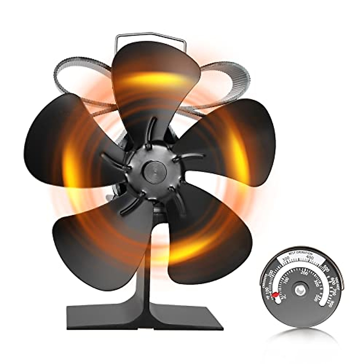 Gohantee 5 Blade Wood Stove Fan, Heat Powered, Ultra Silent, Eco-Friendly, Circulates Warm Air for Gas, Pellet, Wood Log Stoves with Thermometer