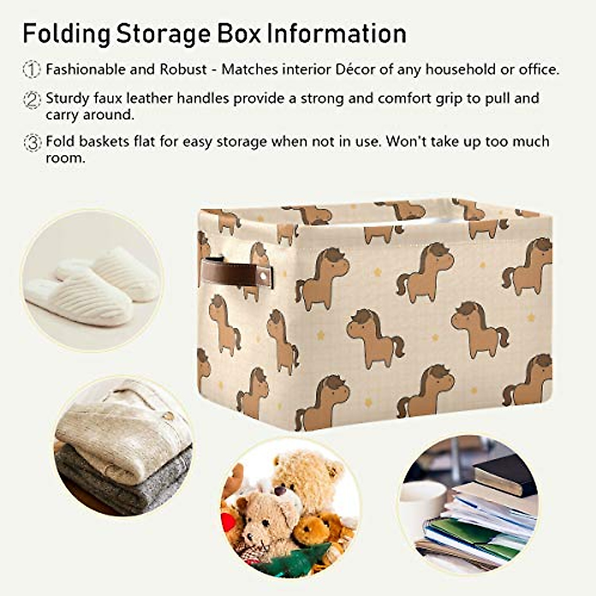 Rectangular Storage Bin Cute Horse Canvas Fabric with Handles - Square Storage Baskets for Boys and Girls