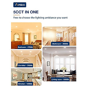 Amico 24 Pack 4 Inch 5CCT Ultra-Thin LED Recessed Ceiling Light with Junction Box, 2700K/3000K/3500K/4000K/5000K Selectable, 10W Eqv 60W, Dimmable Can Light, 800LM High Brightness Downlight - ETL&FCC