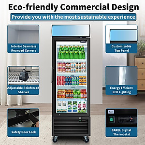 ORIKOOL 27" W Glass Door Refrigerator 19.2 Cu.ft 32℉ ~ 44℉ Commercial Display Beverage Fridge with LED Top Panel