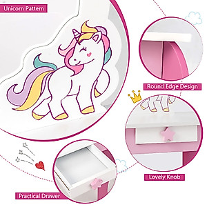 MAT EXPERT Kids Vanity Set with Stool & Mirror, Toddler Girls Pretend Play Vanity w/Detachable Mirror, Princess Dressing Makeup Table Set w/Drawer, Makeup Table and Stool Playset for Girls (Pink)