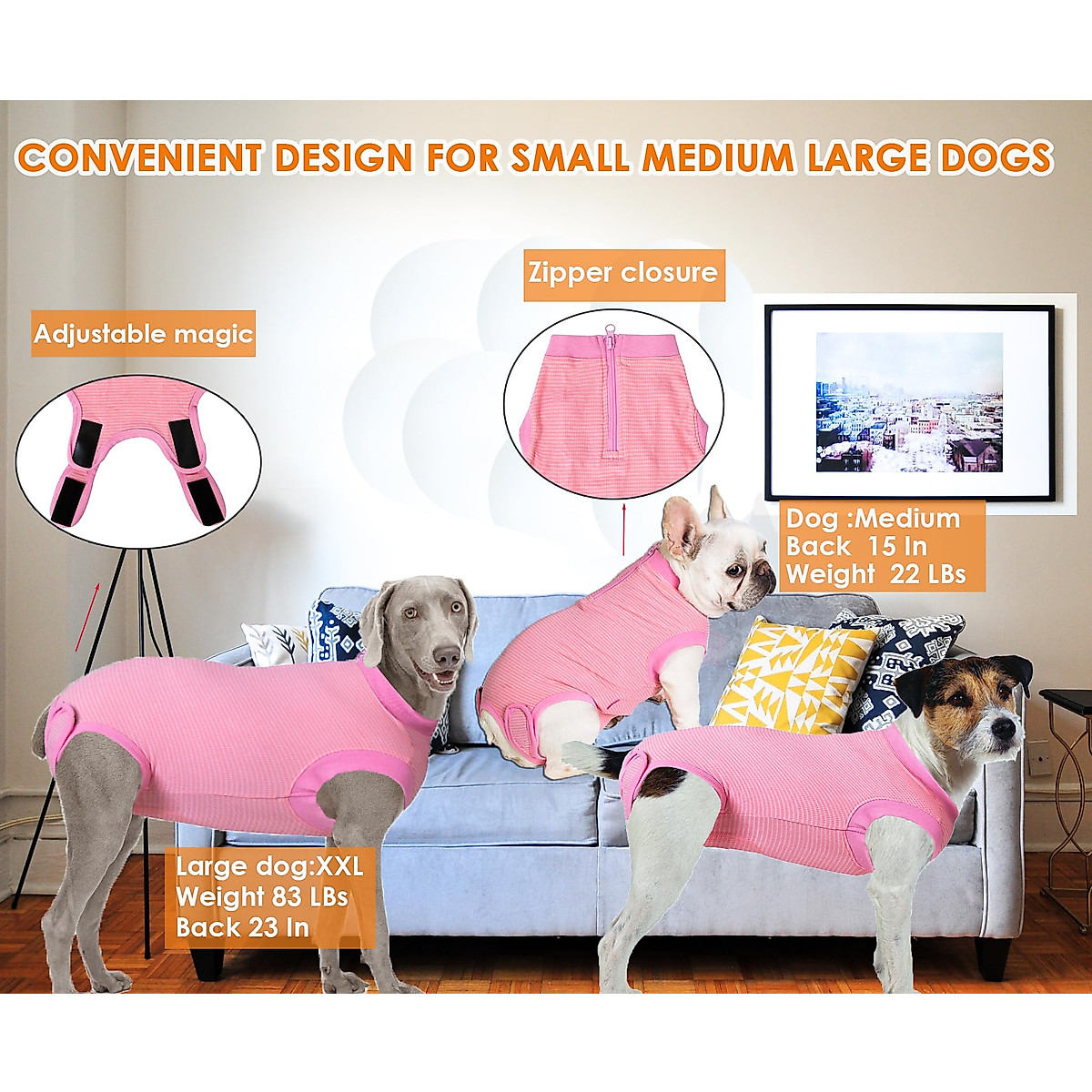 Wabdhally Dog Surgery Recovery Suit,Surgical Suit for Large Female Spay,Soft Combed Cotton,Watermelon Pink Striped Zipper Onesie 3XL