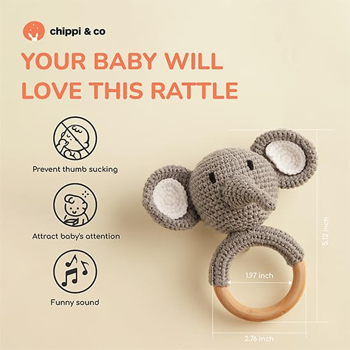 Chippi & Co Wooden Crochet Baby Rattle, Crochet Toys Stuffed Animals Easter Gifts for Kids, Wooden Newborn Toys, Easter Basket Stuffers, Basket Filler, Baby Shower Decor (Eddy The Elephant)
