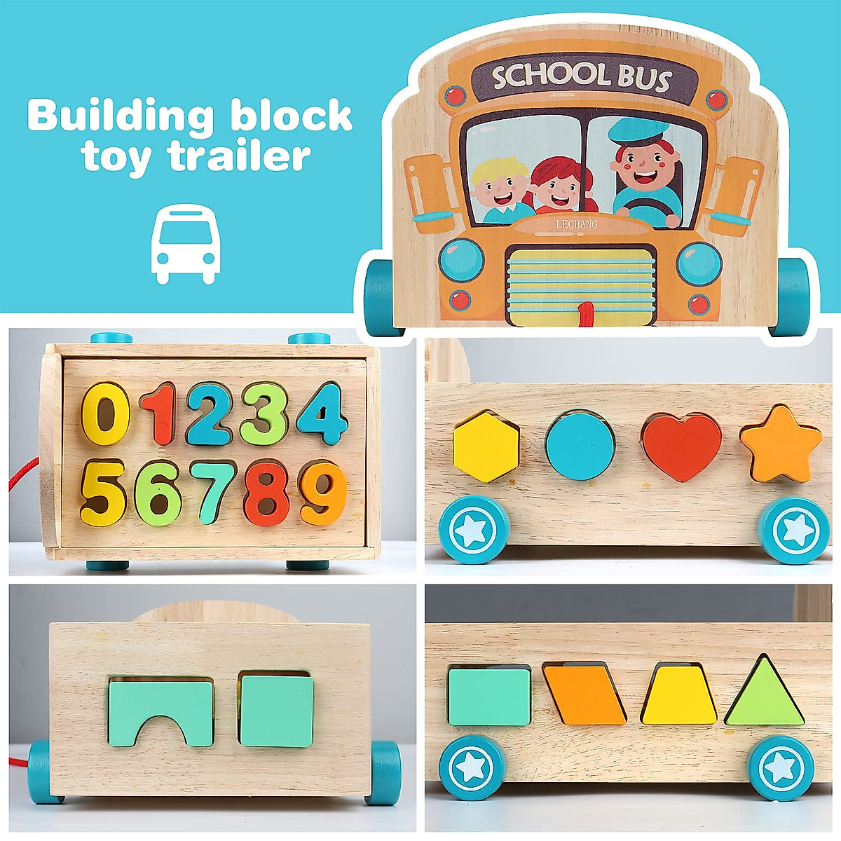Classic Wooden Toddler Toy Age 2-4 Pulling Bus 123 Number Learning Shape Puzzle Sorting Match Game Montessori Sensory Material for Kids