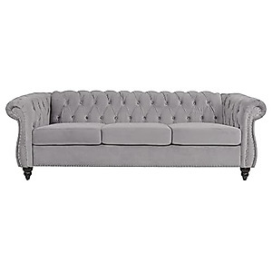 MIYZEAL Modern 3 Seater Couch Velvet, Upholstered Sofa with Tufted Back, Roll Arm Classic Chesterfield Settee Couches for Living Room, Office (Dark Gray)