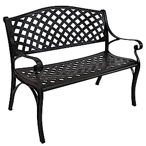 Sunnydaze Outdoor Patio Bench with Black Checkered Design - Durable Cast Aluminum Metal Garden Bench - 2-Person Patio Decor Seating - Front Porch Furniture - Entryway Bench