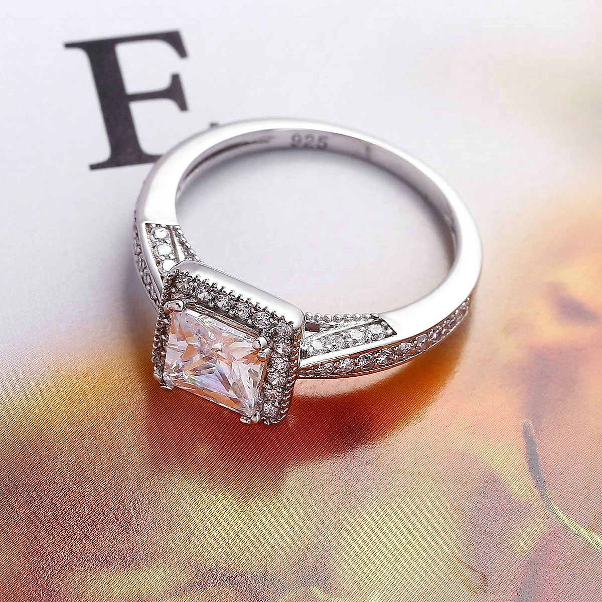 Gualiy 925 Sterling Silver Promise Rings, Wedding Rings Engagement Rings Square Shape Cubic Zirconia Rings Size 5.5