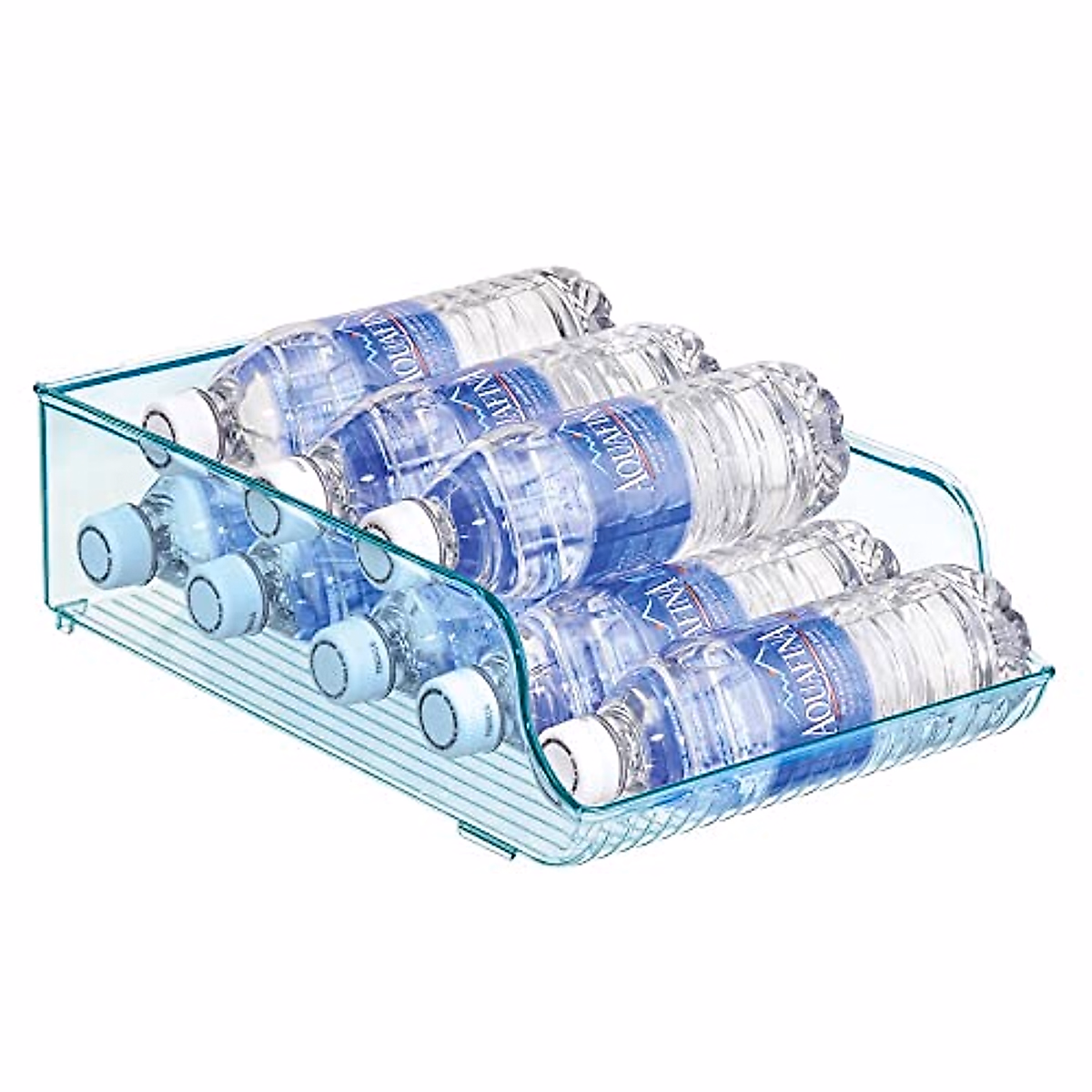 mDesign Wide Plastic Kitchen Water Bottle Storage Organizer Tray Rack - Holder and Dispenser for Refrigerators, Freezers, Cabinets, Pantry, Garage - Sea Blue