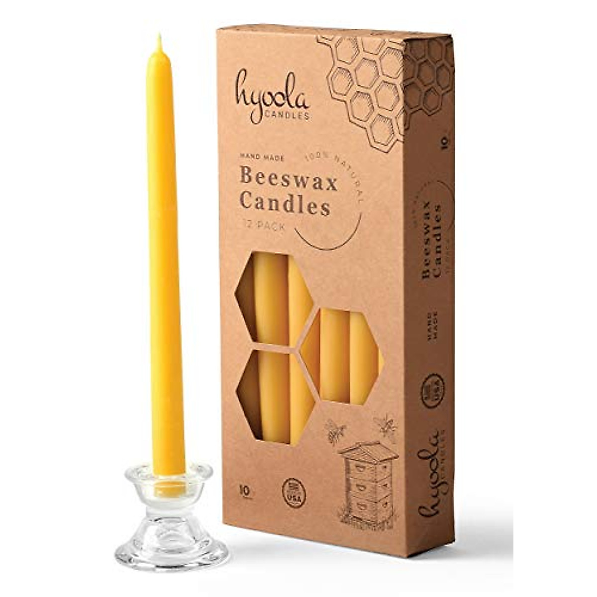 Hyoola 10 Inch Beeswax Taper Candles - 12 Pack - Handmade, All Natural, 100% Pure Unscented Bee Wax Candle - Tall, Decorative, Golden Yellow - 10 Hour Burn Time