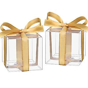Hooqict 50pcs Favor Boxes 2x2x2 Inches Clear Gift Boxes with Ribbons Party Favor Boxes Small Plastic Candy Treat Boxes for Wedding Favors Baby Shower Birthday Classroom
