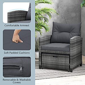 ORALNER 5 Pieces Patio Furniture Set with Ottoman, Wicker Conversation Set w/Cushions, Glass Coffee Table, Outdoor Lounger Rattan Chairs Bistro Set for Porch Balcony Garden Deck Poolside (Grey)