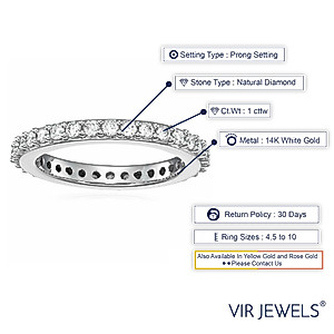 VIR JEWELS 1 cttw Diamond Eternity Ring for Women, Wedding Band in 14K White Gold Prong Set, Size 4.5