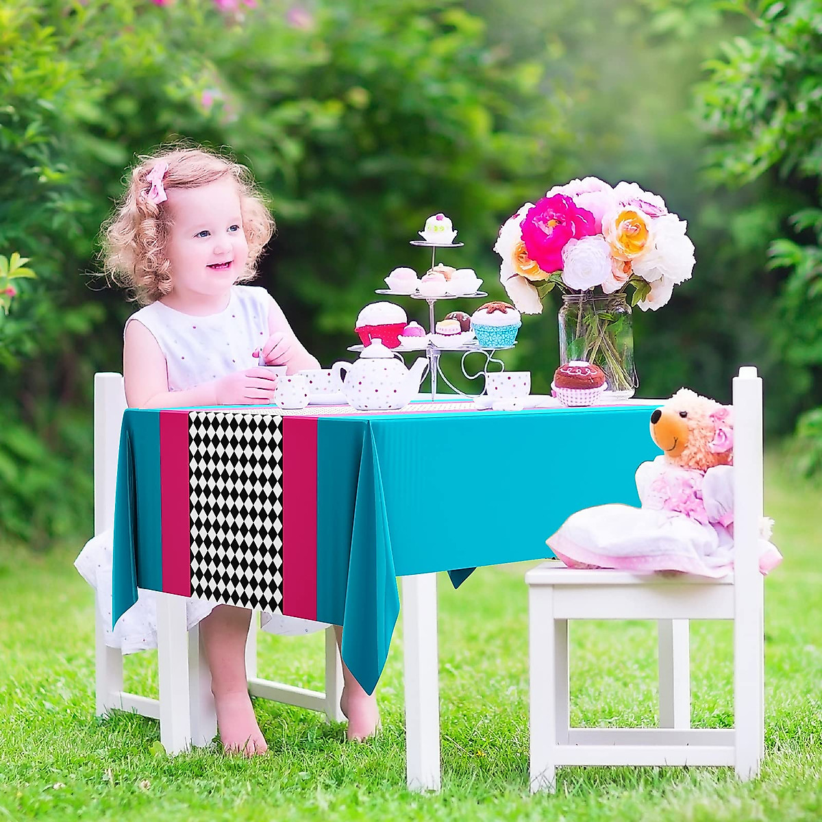 Buryeah 3 Pcs Wonderland Tablecloth Wonderland Party Decorations Checkered Plastic Tablecloth Cartoon Table Decorations Tea Party Tablecloth for Wonderland Birthday Party Supplies, 54 x 108(Checked)