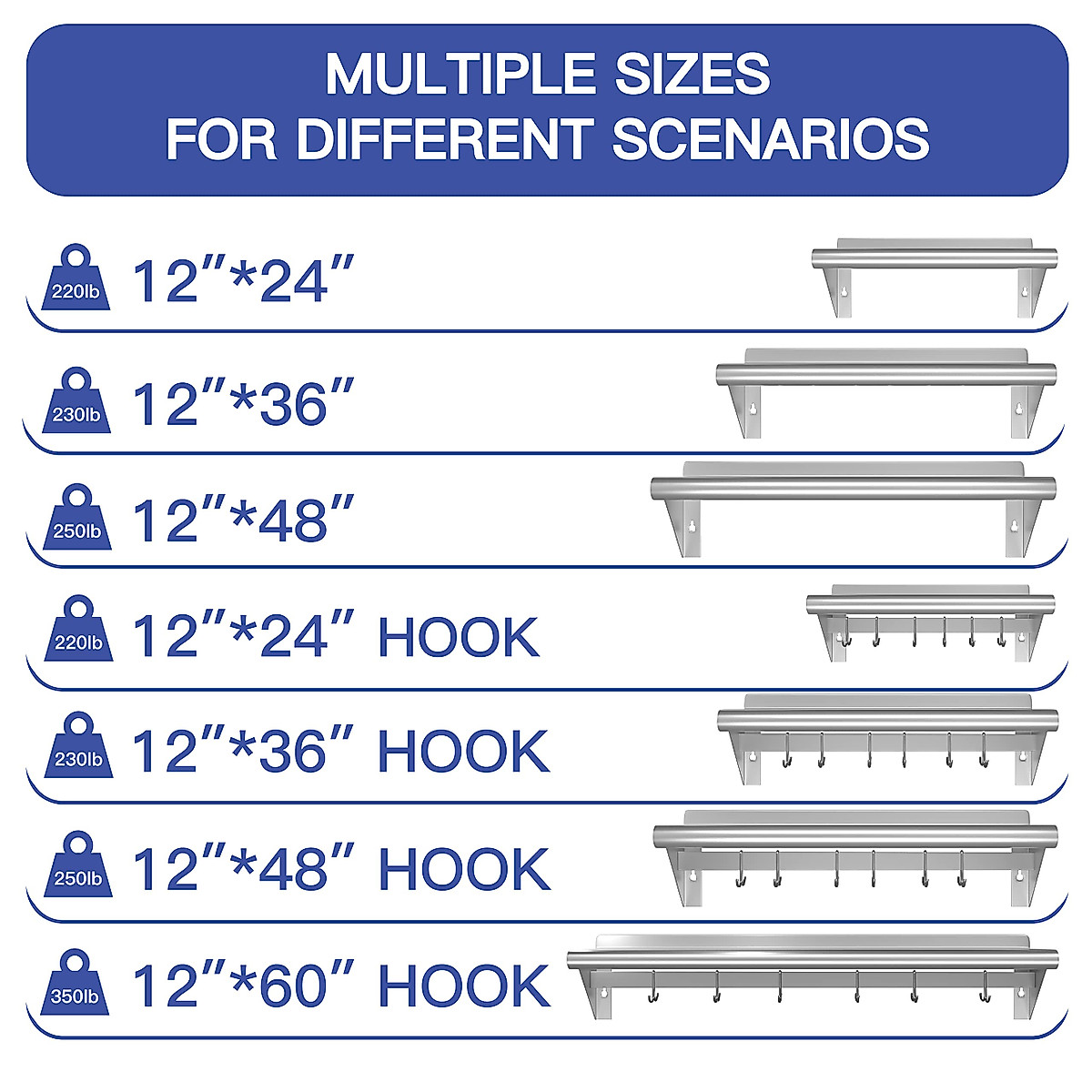 NCOEN"12 * 24" Stainless Steel Shelf with 6 Hooks, 304 Stainless Steel Shelf Wall Mounted for Commercial Restaurant, Kitchen, Home and Bar Stainless Steel Wall Shelf