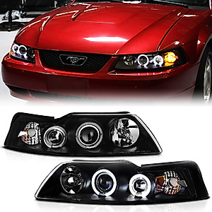 ACANII - For 1999-2004 Ford Mustang LED Halo Ring Black Housing Projector Headlights Headlamps, Driver & Passenger Side